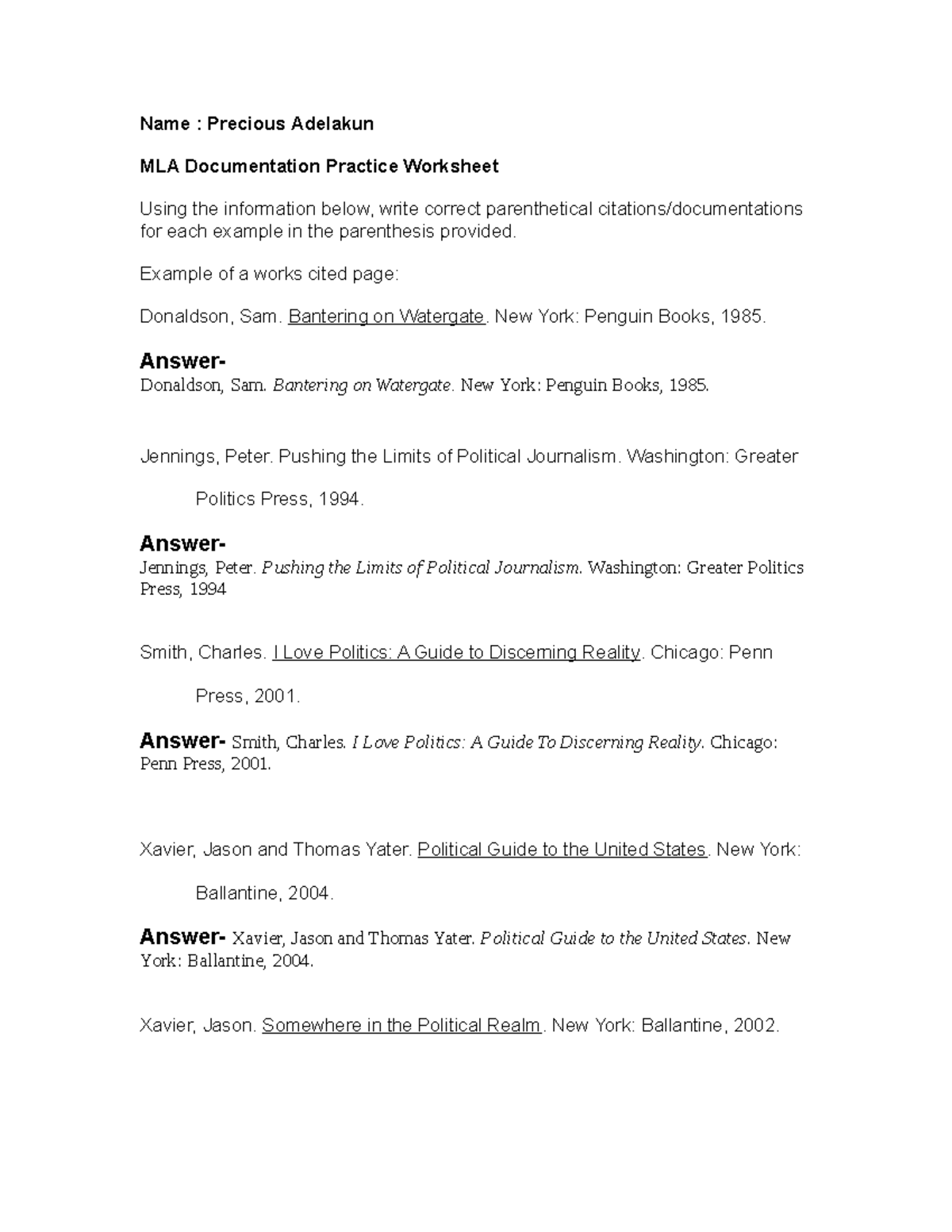 MLA Documentation Practice Worksheet: Essential Citation Exercises ...
