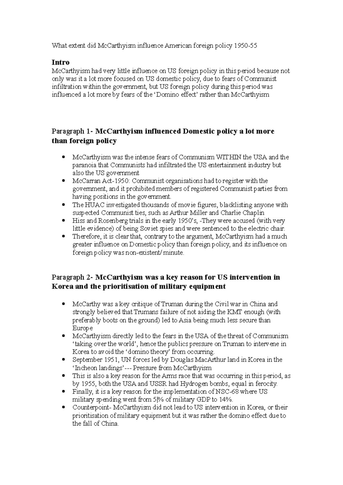 McCarthyism's Impact on US Foreign Policy (1950-54) - Essay Plan - Studocu