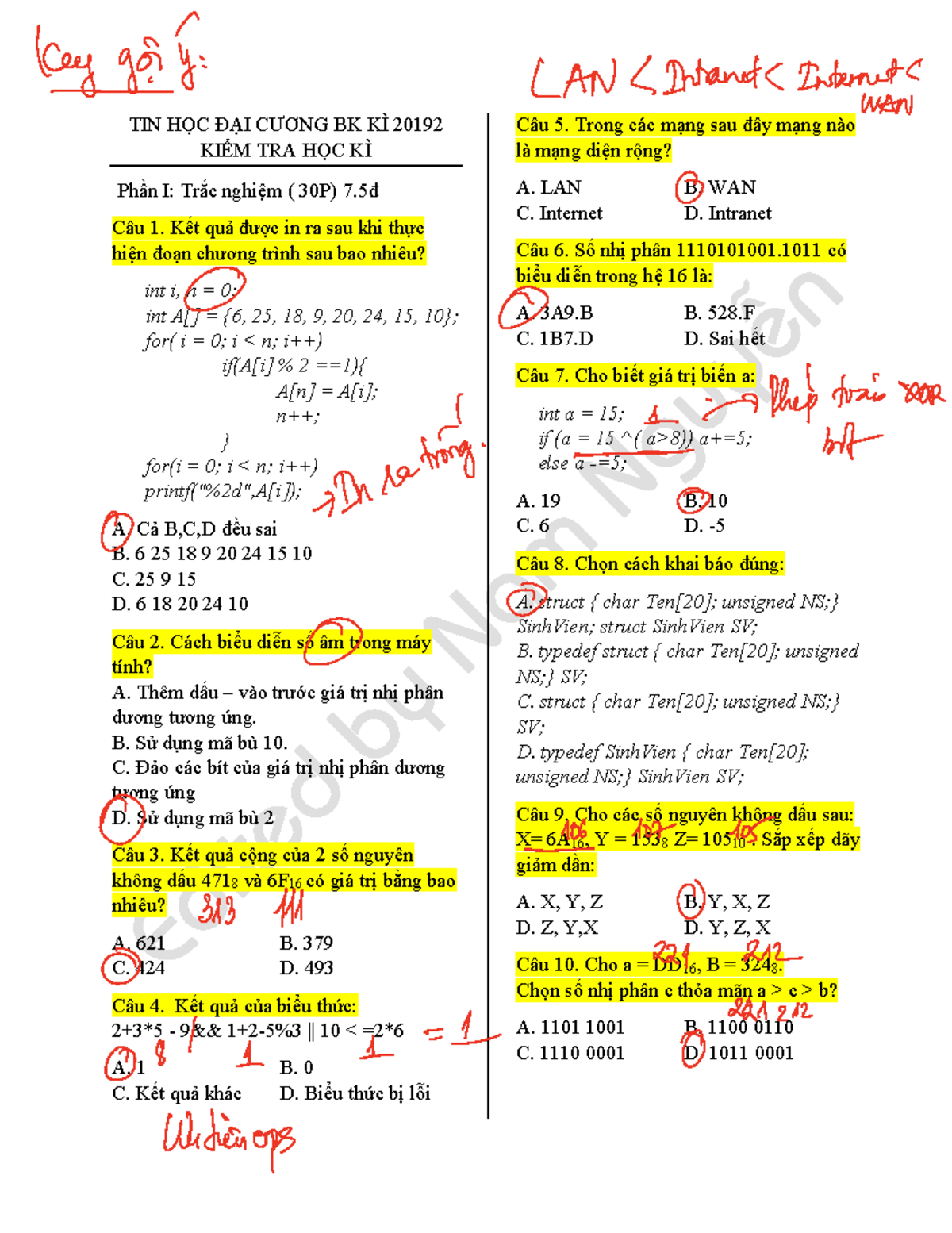 LEI TIN HỌC ĐẠI CƯƠNG BK KÌ 20192 KIỂM TRA HỌC KÌ - Studocu