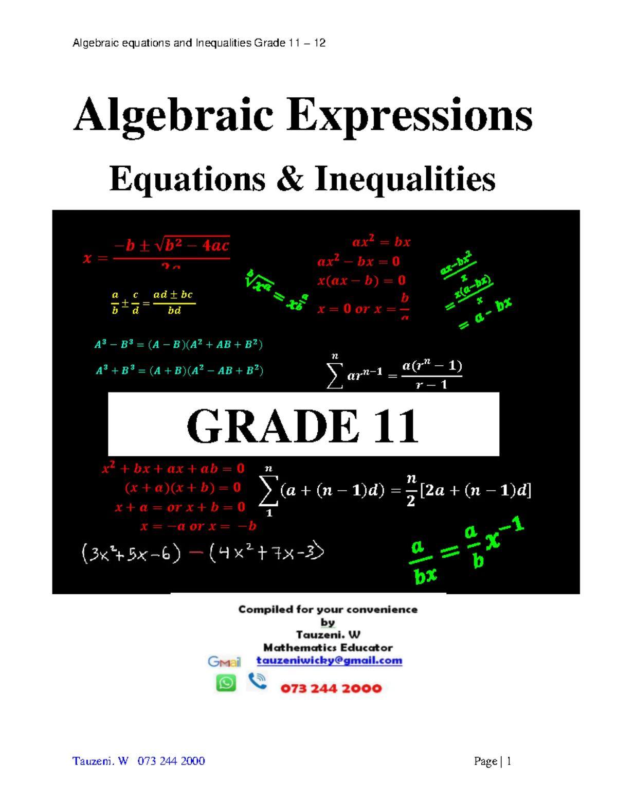 Algebra and Equations Notes: Grade 11 Revision Guide - Studocu