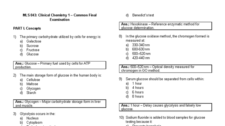 MLS 043: Clinical Chemistry 1 Final Exam Reviewer - Studocu