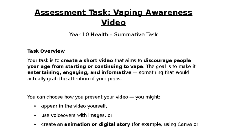 Year 10 Health: Vaping Awareness Video Assessment Task - Studocu