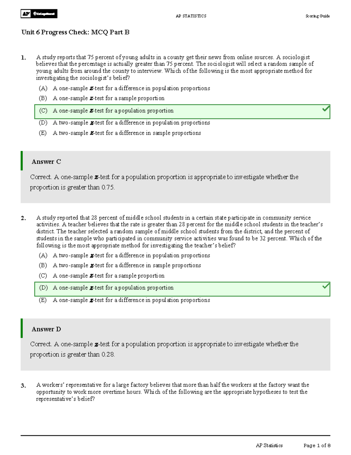 AP STATISTICS Unit 6 Progress Check: MCQ Part B Scoring Guide - Studocu