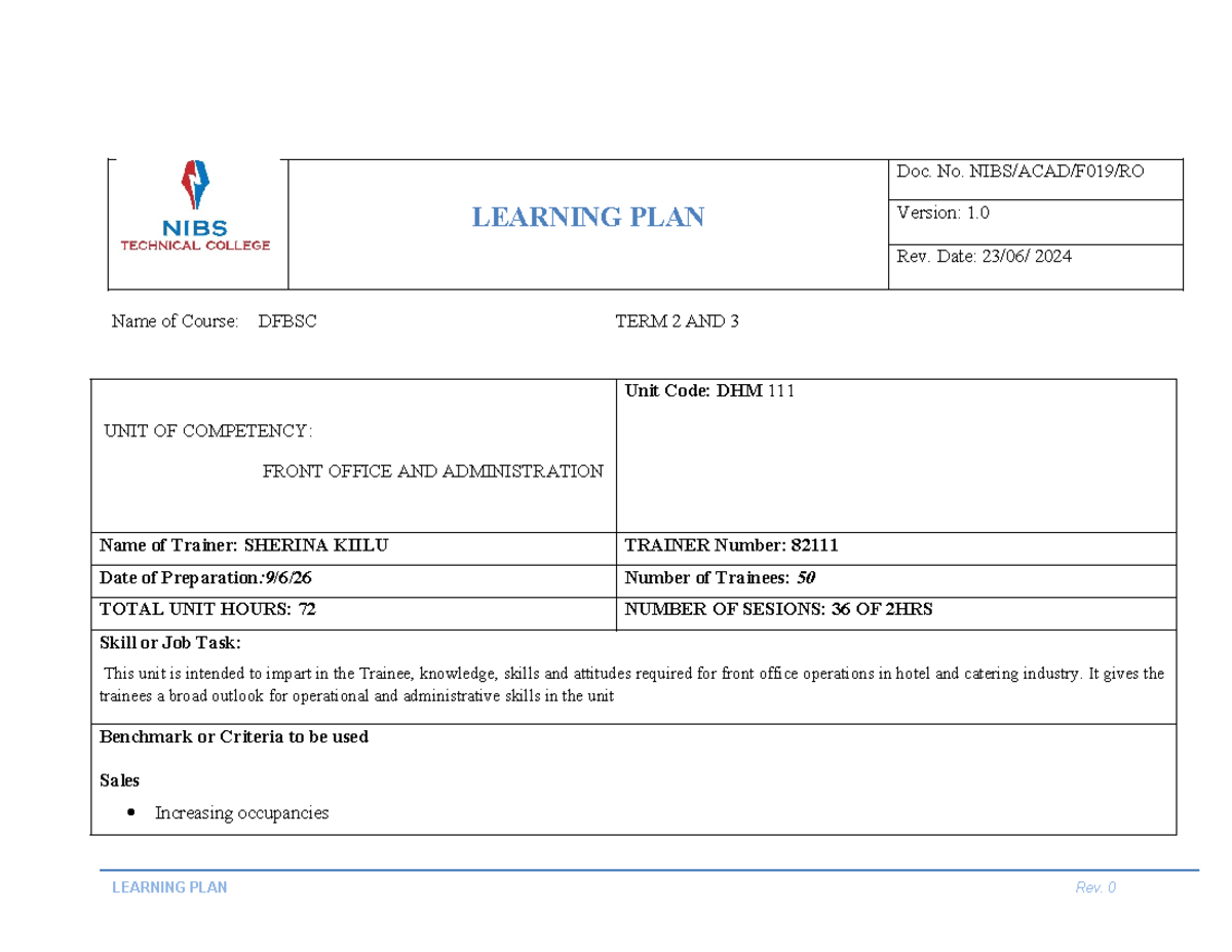 Front Office Learning Plan (DHM) for Terms 2 & 3 - Studocu
