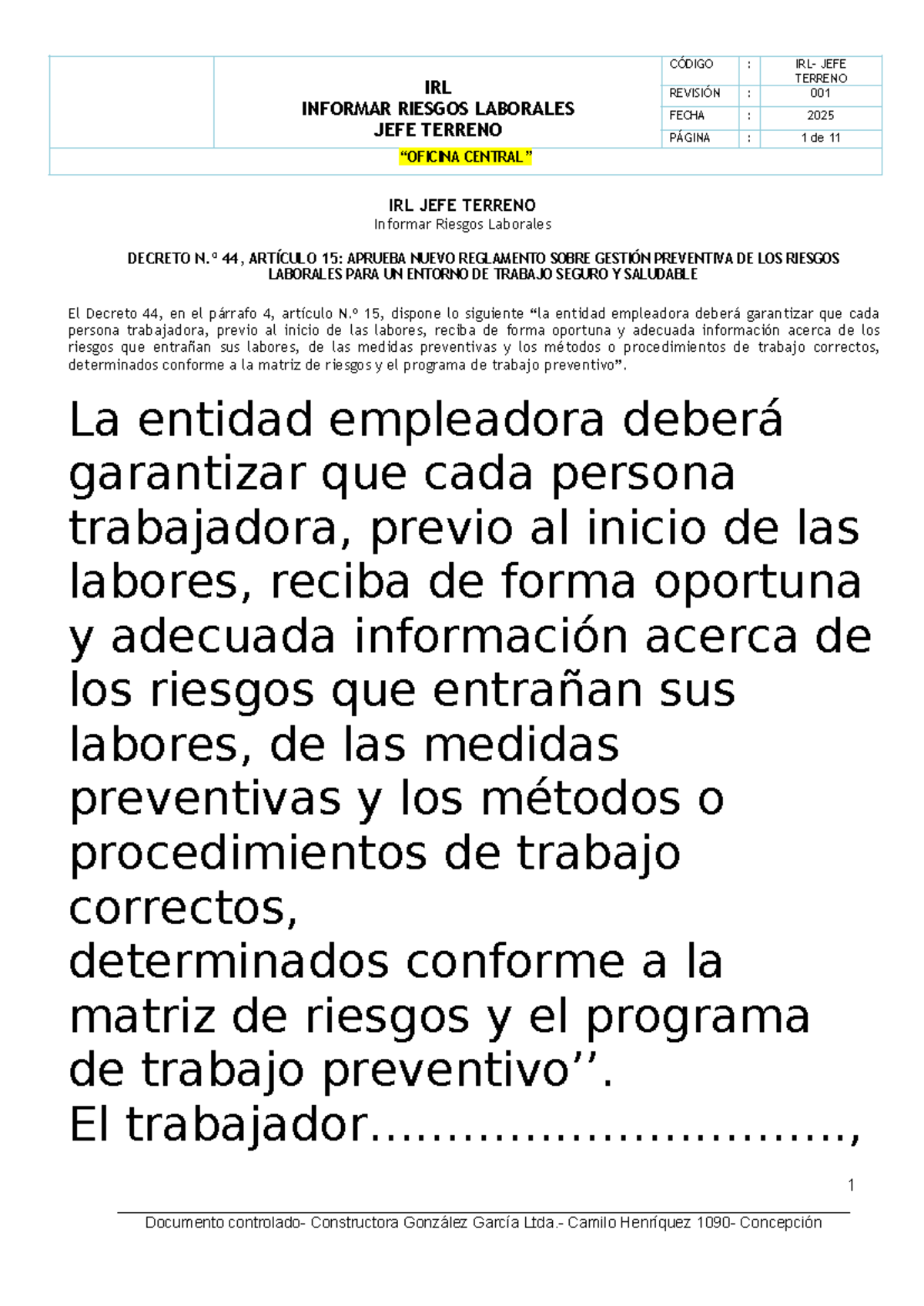 IRL JEFE TERRENO: Informe de Riesgos Laborales y Prevención 001 - Studocu