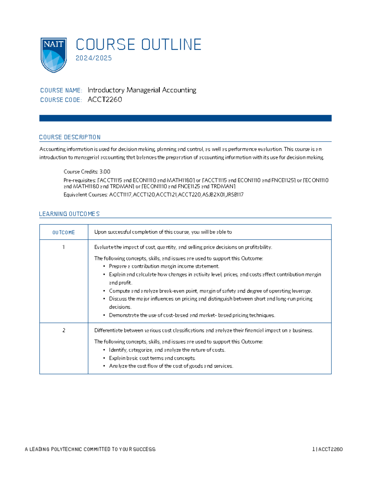 Course Outline and Evaluation - ACCT2260 Introductory Managerial ...