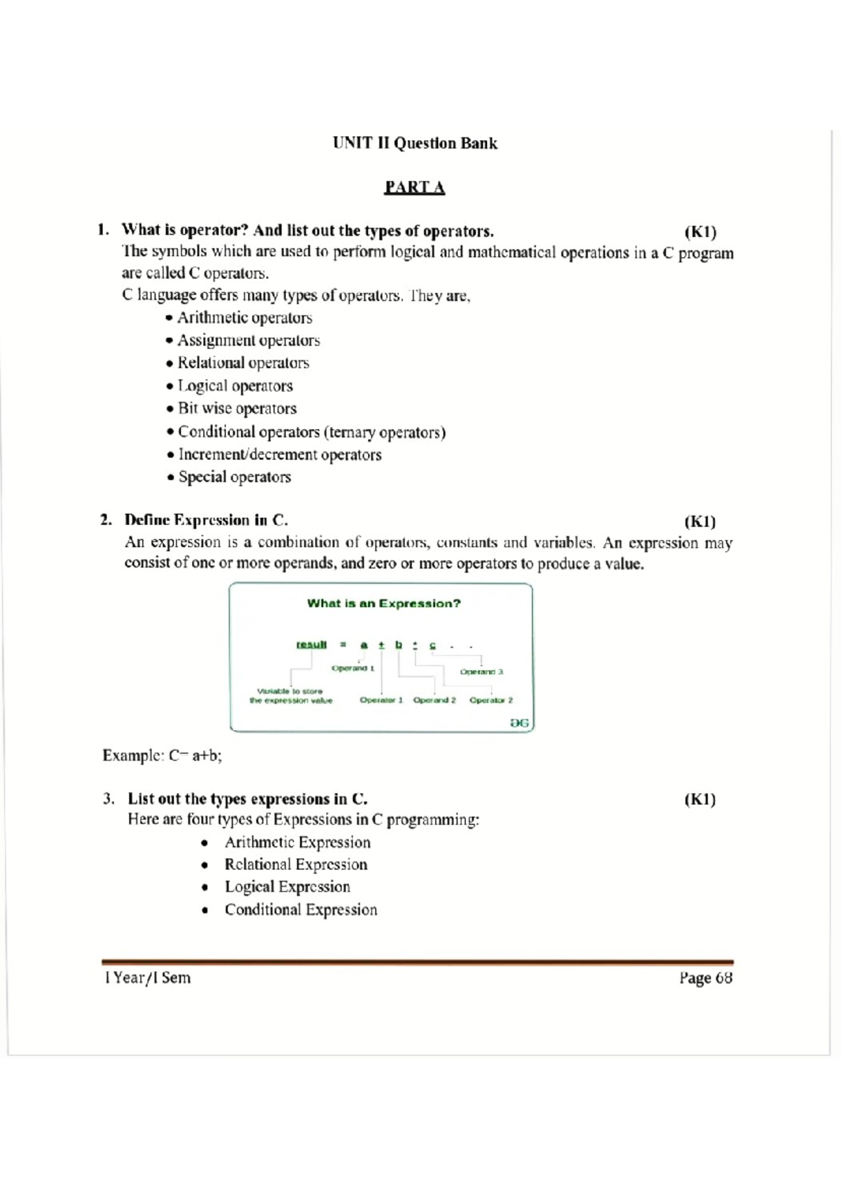 UNIT II C Programming Question Bank: Operators, Expressions & Control Statements - Studocu