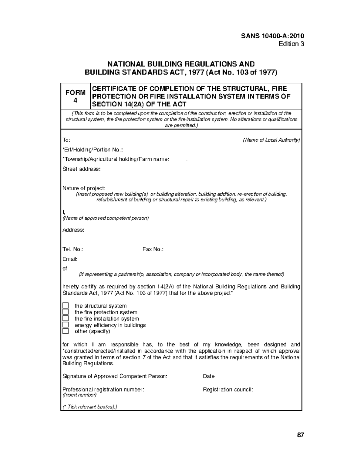 FORM 4: Certificate of Completion for Structural & Fire Systems - Studocu