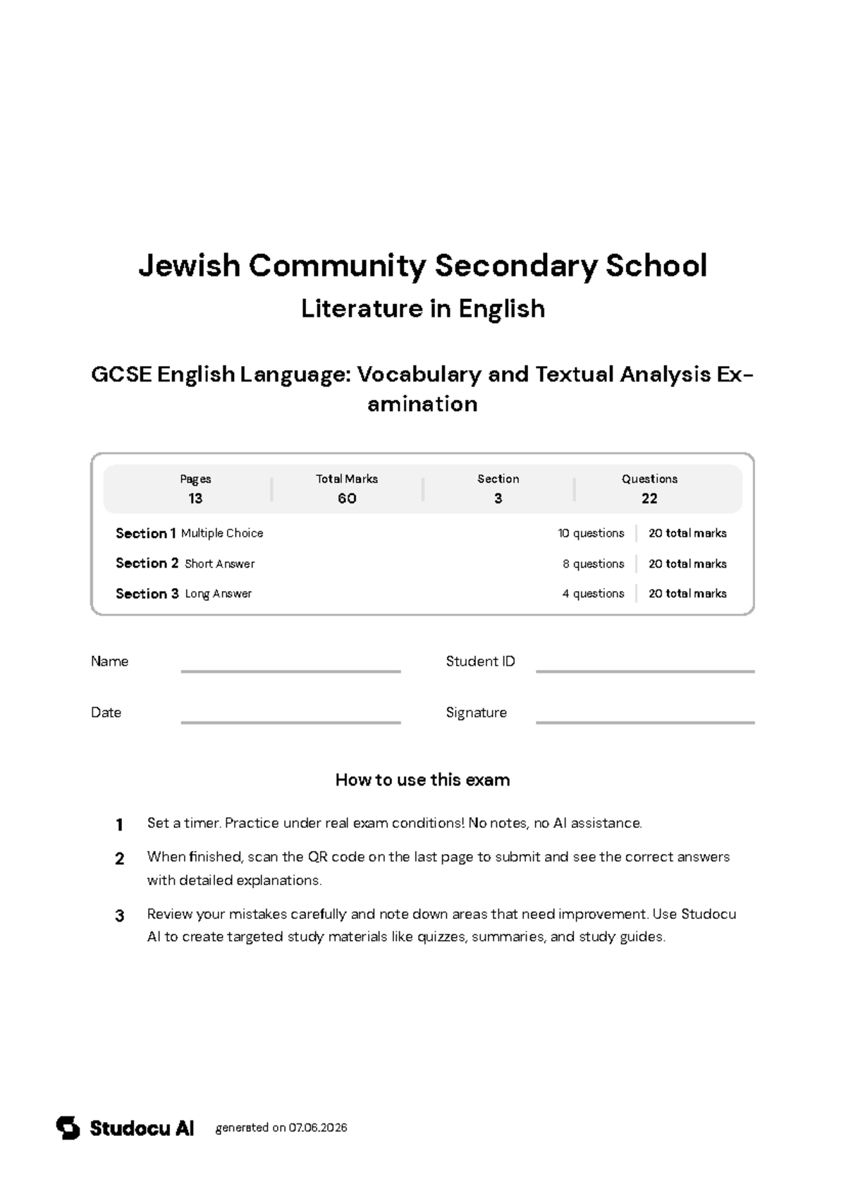 GCSE English Language: Vocabulary & Textual Analysis Exam - Studocu