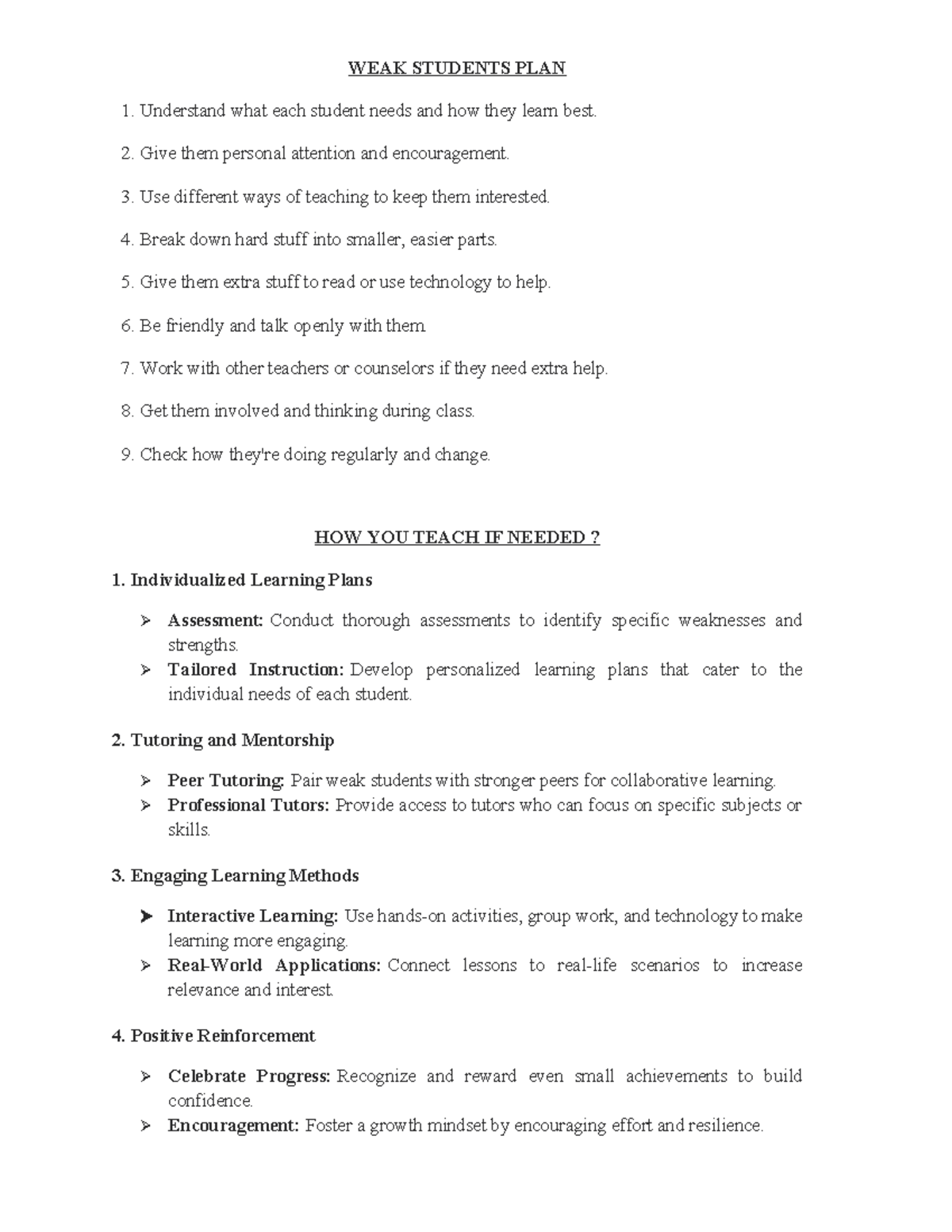 WEAK Students Support Plan - Strategies for Improved Learning - Studocu