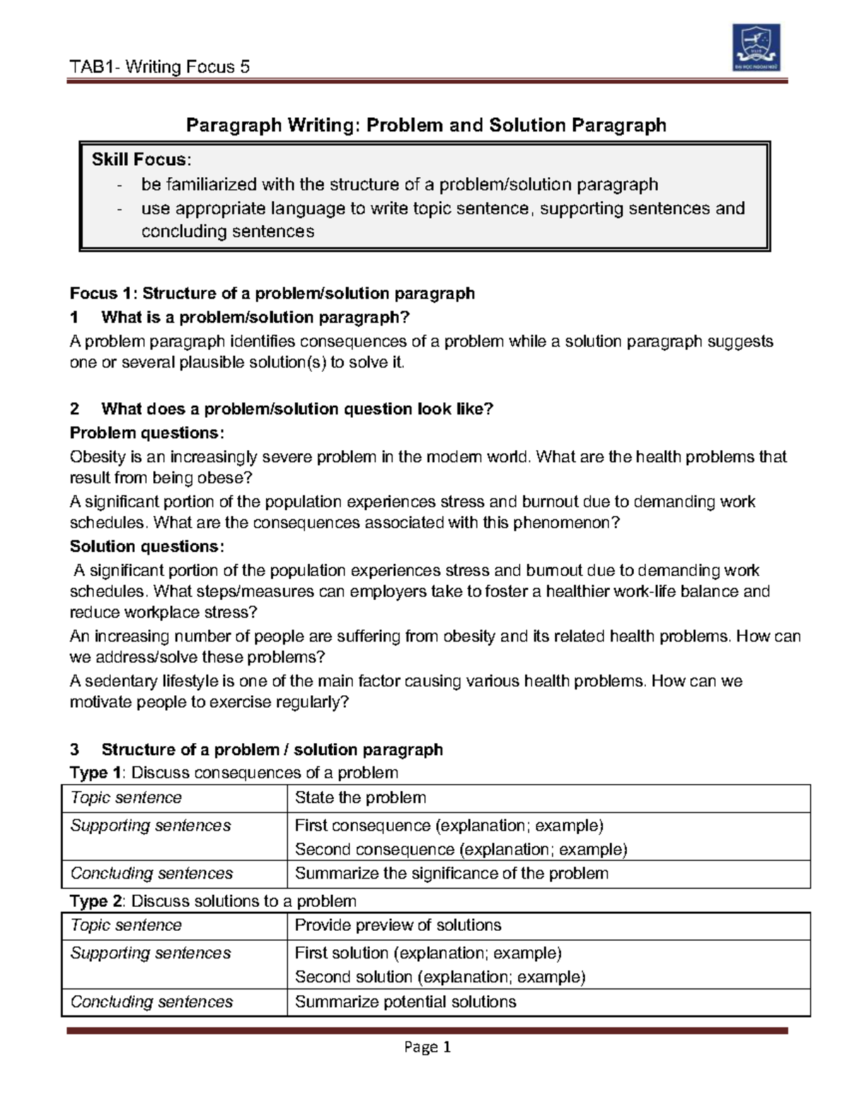 Writing Focus 5: Problem and Solution Paragraph Structure and Skills ...