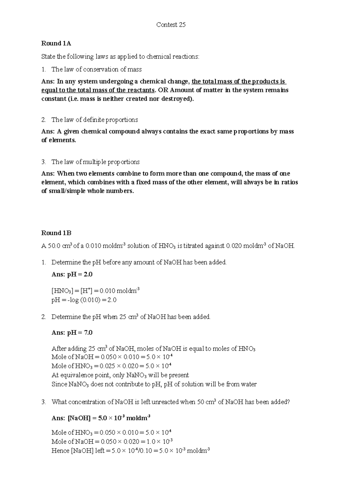 Contest 25B - Chemical Reaction Laws and Titration Calculations - Studocu