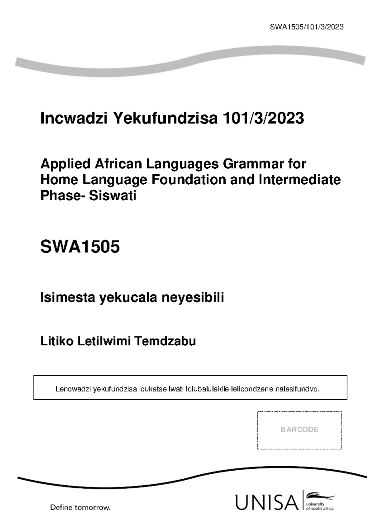 SWA1505/101/3 - Siswati Tutorial Notes for Home Language Learning - Studocu