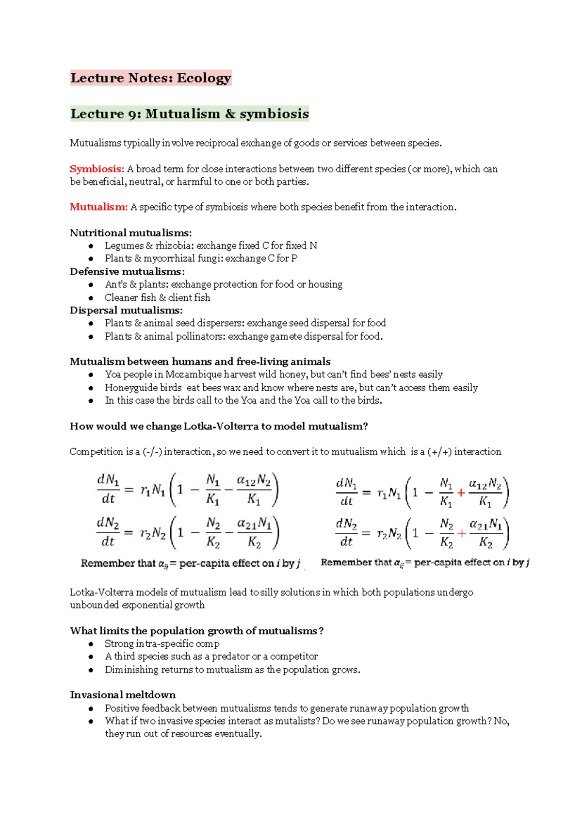 Biology Notes 2025: Lecture 9 - Mutualism and Symbiosis - Studocu