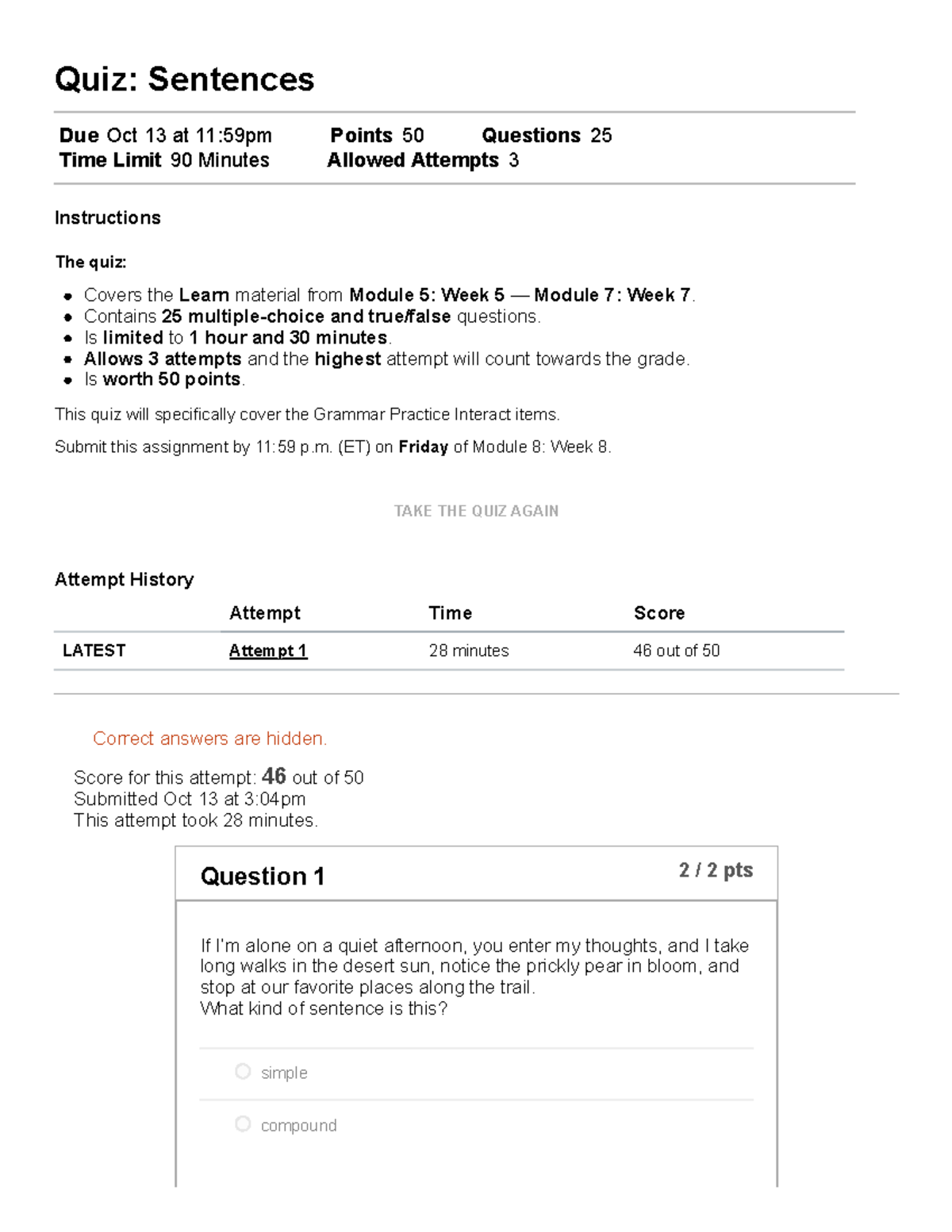 Quiz on Sentence Structure and Grammar - ENGL101 Composition (B16 ...