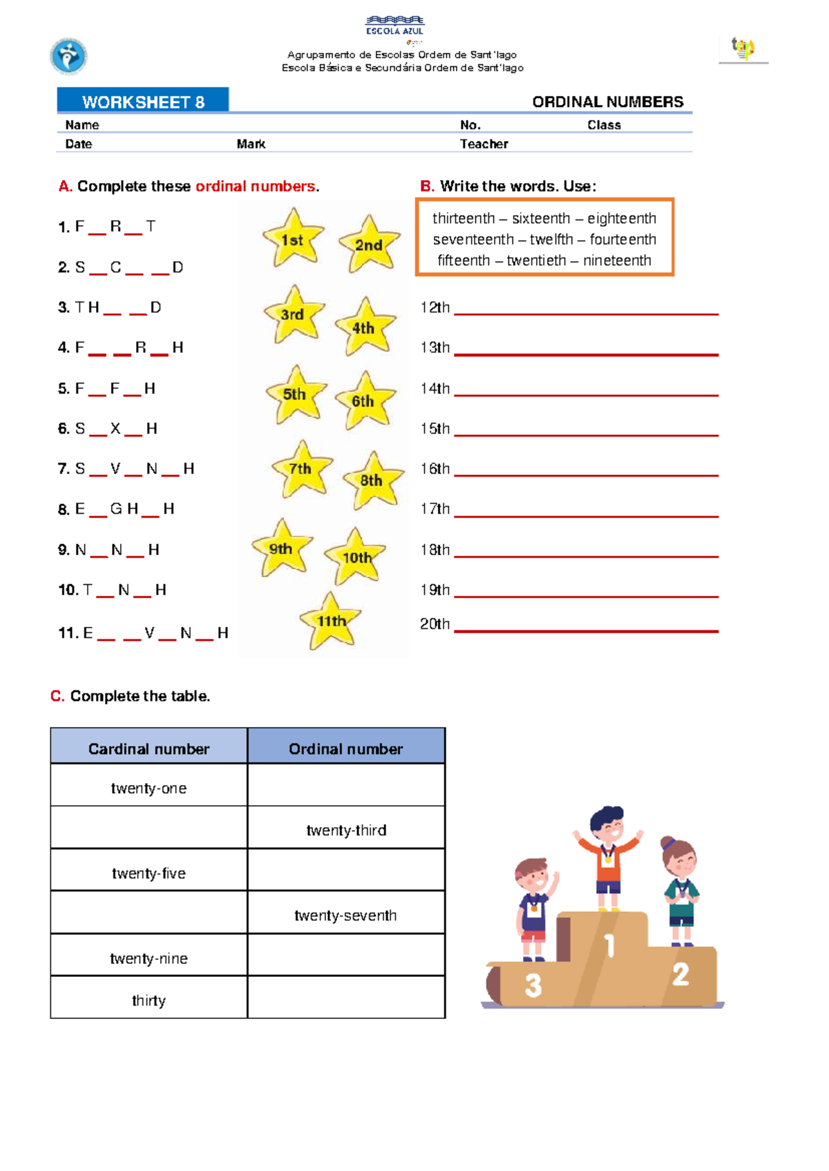 Worksheet 8 - Ordinal Numbers Practice for Basic Education - Studocu