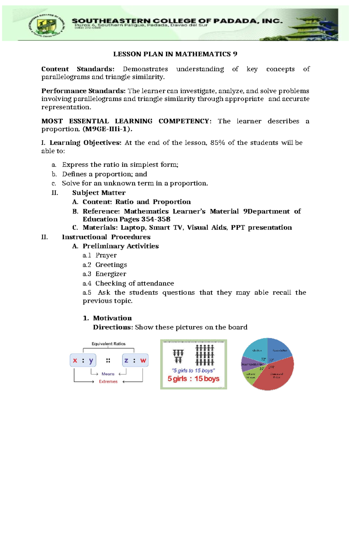 M9GE-IIIi-1: Lesson Plan on Ratio and Proportion for Mathematics 9 ...