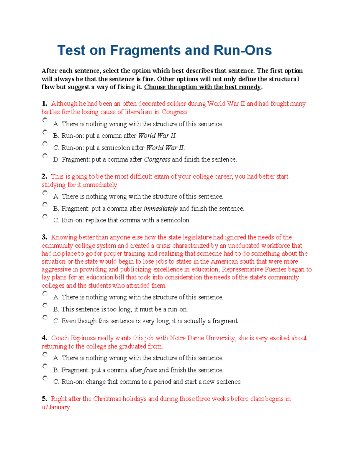 Test on Fragments and Sentence Structure Remedies - Studocu