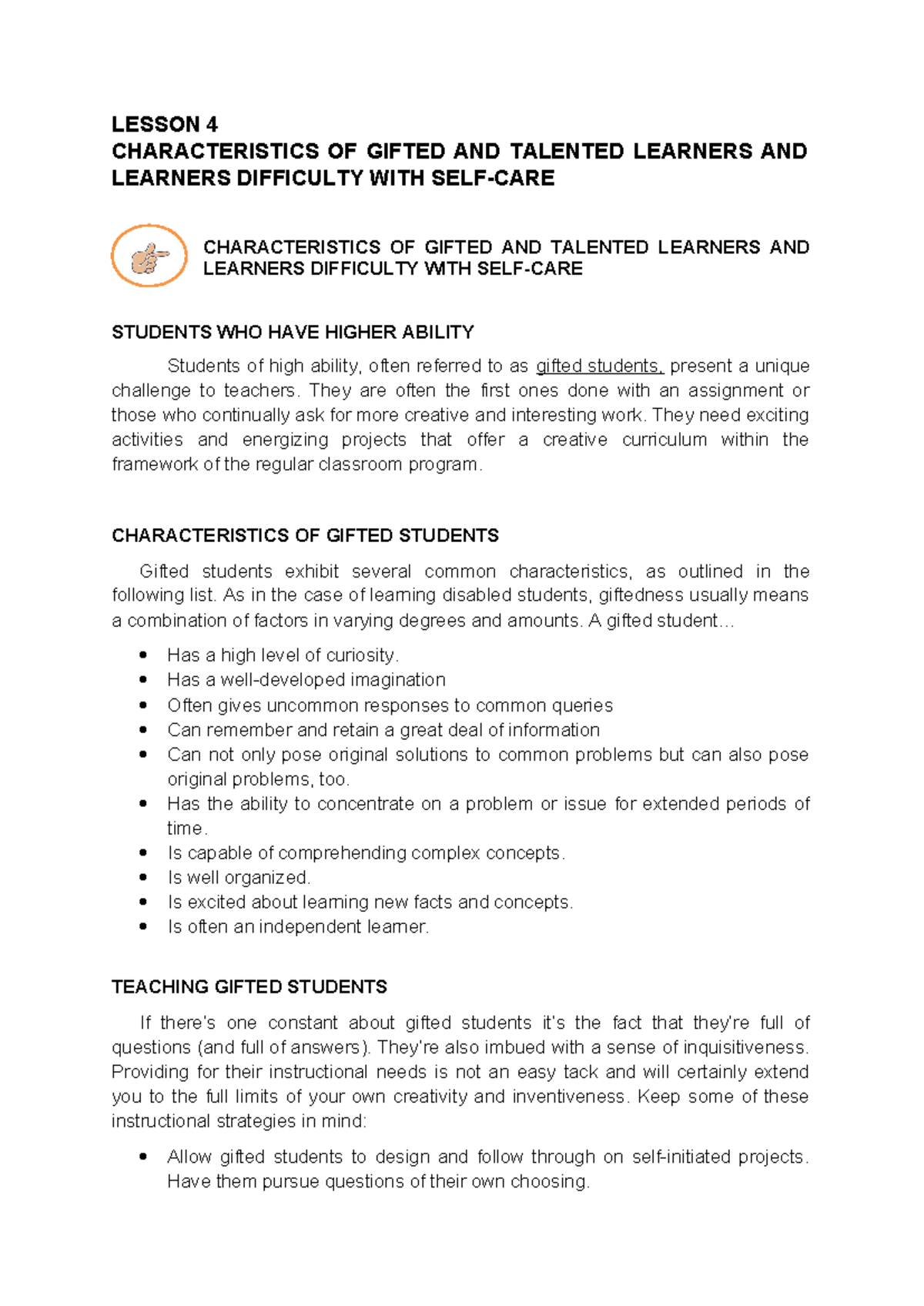 Educ 107 Lesson 4 5 1 - Lecture - LESSON 4 CHARACTERISTICS OF GIFTED ...