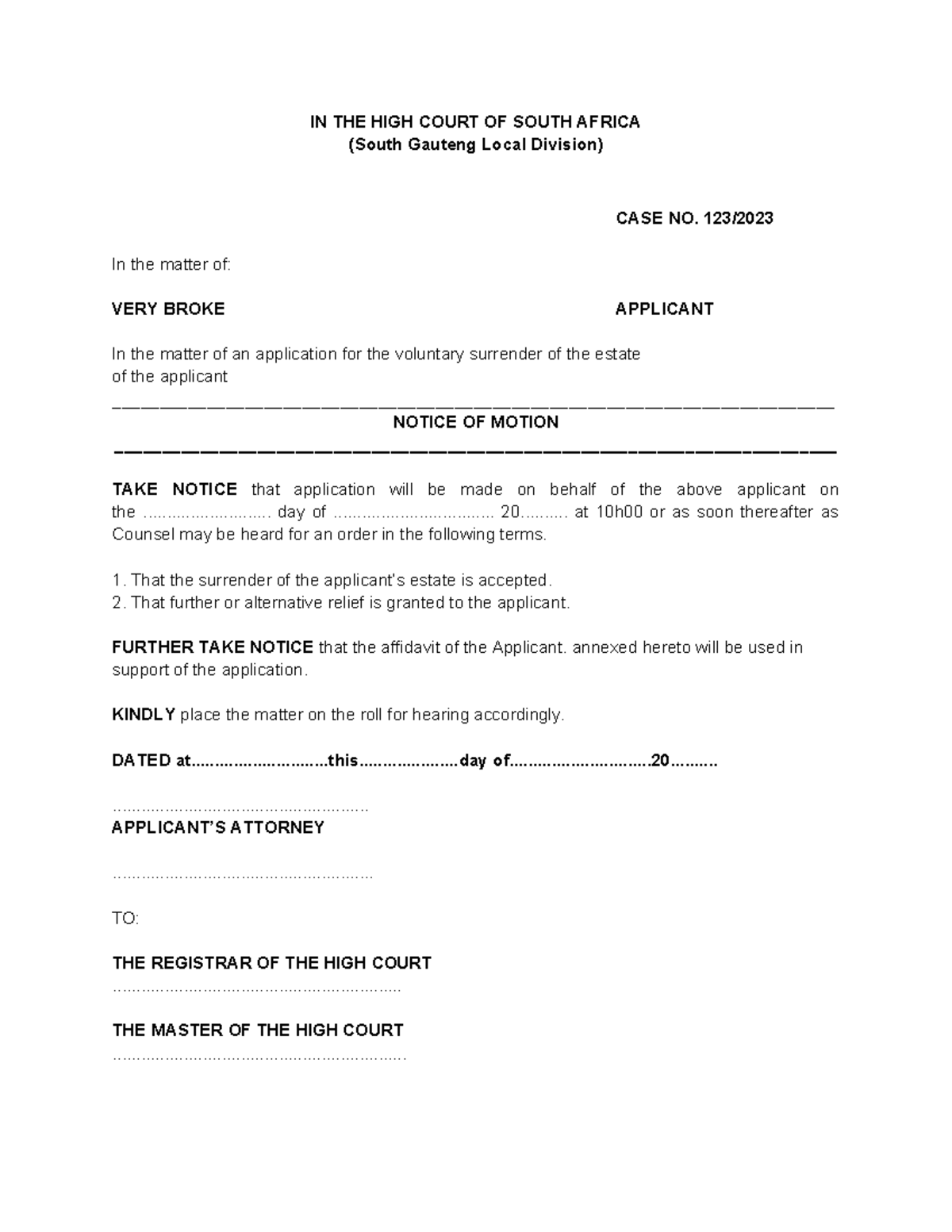 Application for Voluntary Surrender of Estate - Template Sample - Studocu