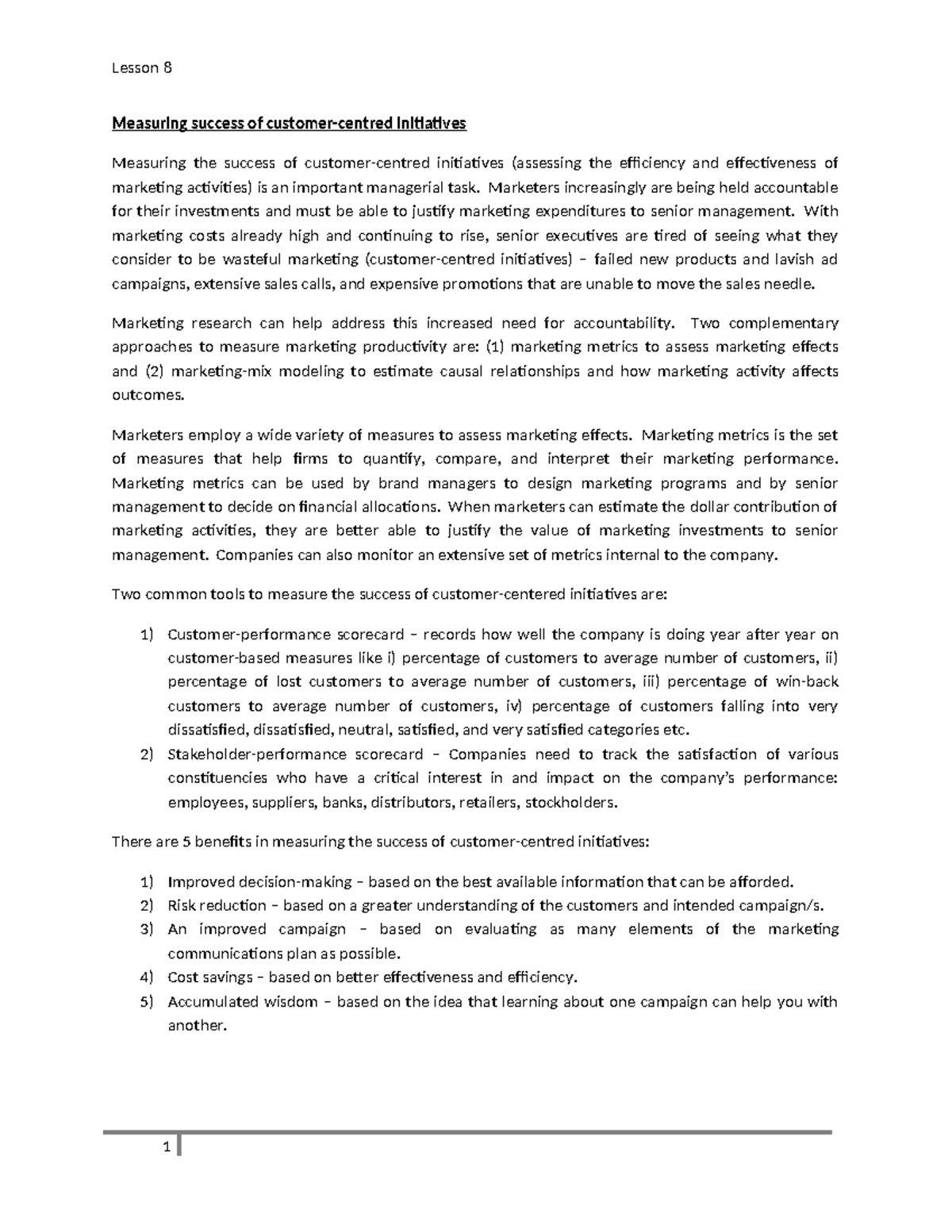 Lesson 8 - Measuring Success of Customer-Centered Initiatives - Studocu