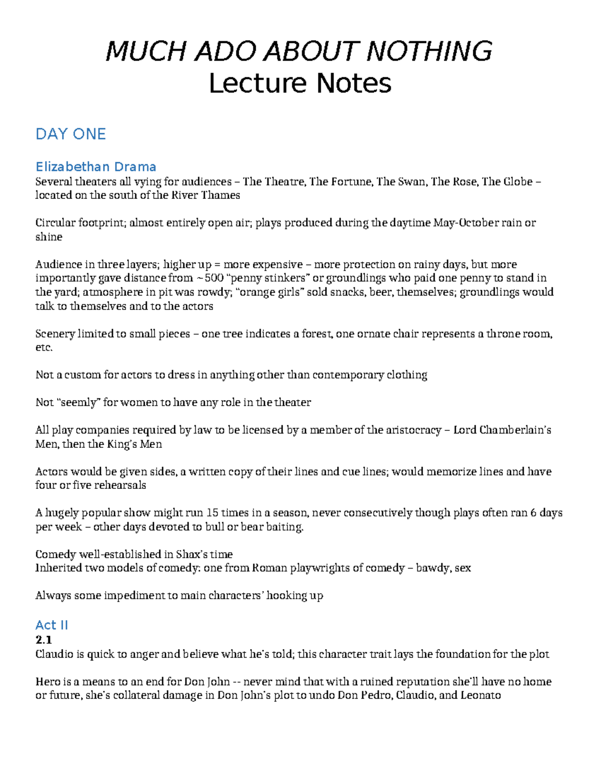 Much Ado About Nothing (ENG 201): Lecture Notes on Elizabethan Drama ...