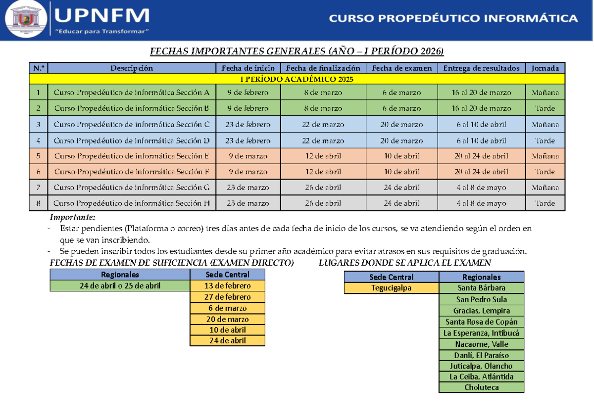 Calendario I Período 2026: Fechas Importantes de Informática - Studocu