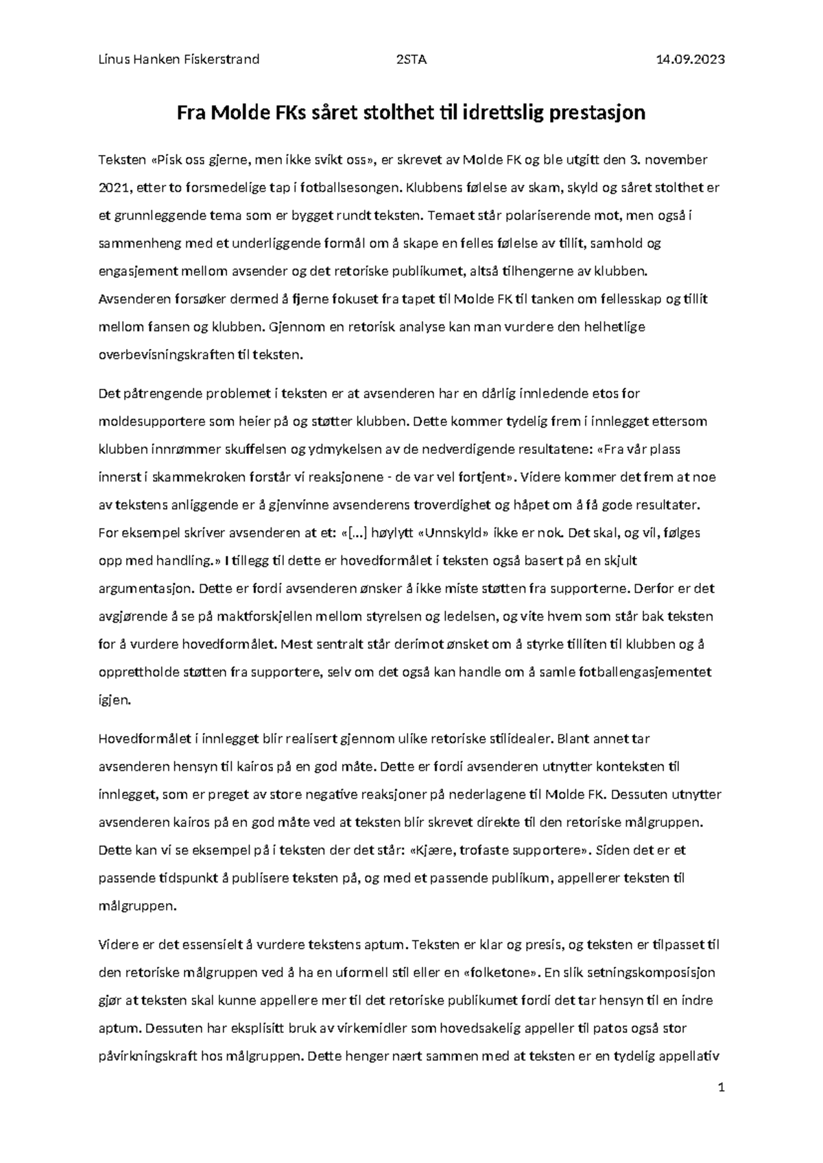 Retorisk Analyse av Molde FK's Appell til Supporterne - 2STA Høst 2023 ...