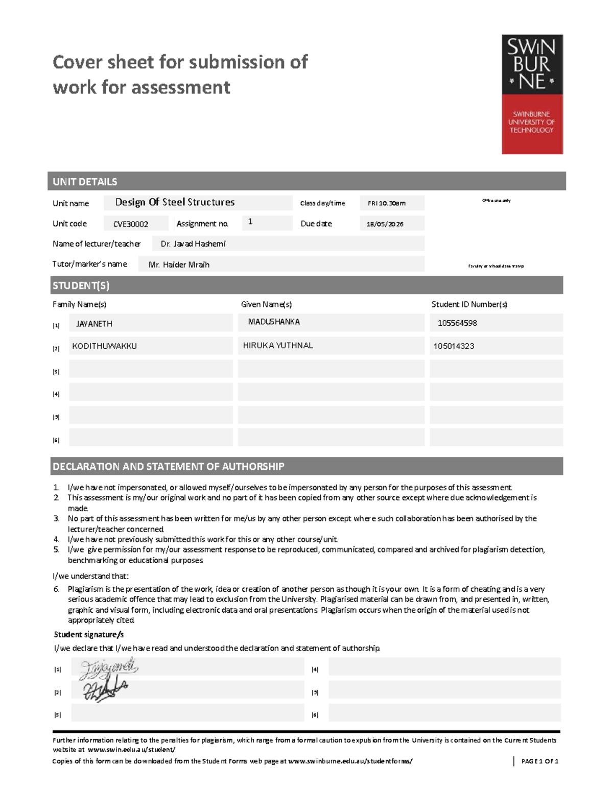 Design of Steel Structures - Assignment 1 Submission Cover Sheet - Studocu