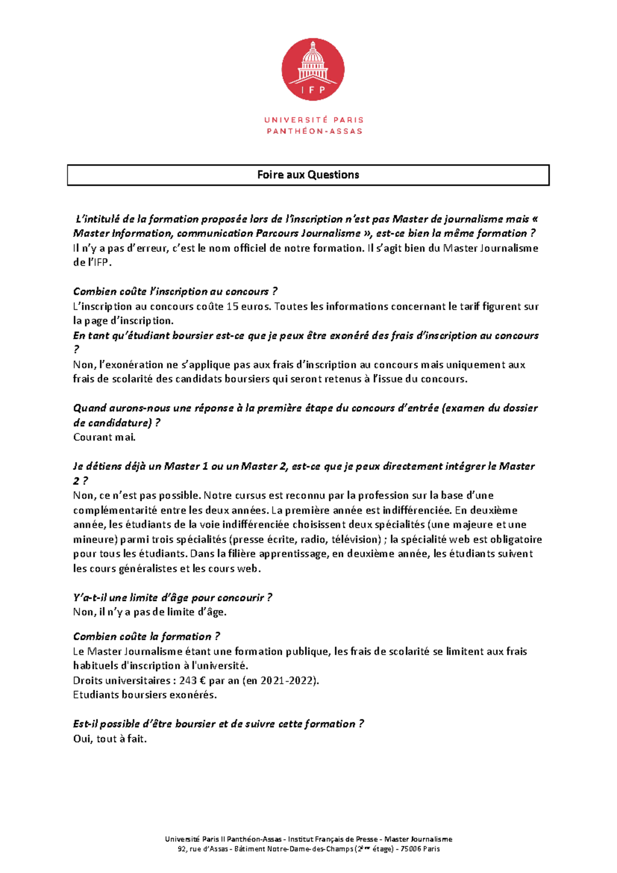 FAQ 2022-2023 - Master Journalisme IFP - Université Paris II - Studocu