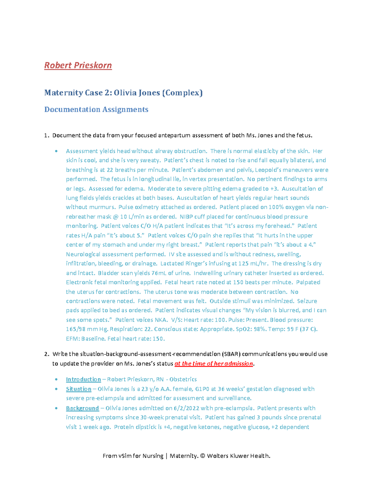 Maternity Case Study 02: Comprehensive Assessment of Olivia Jones - Studocu