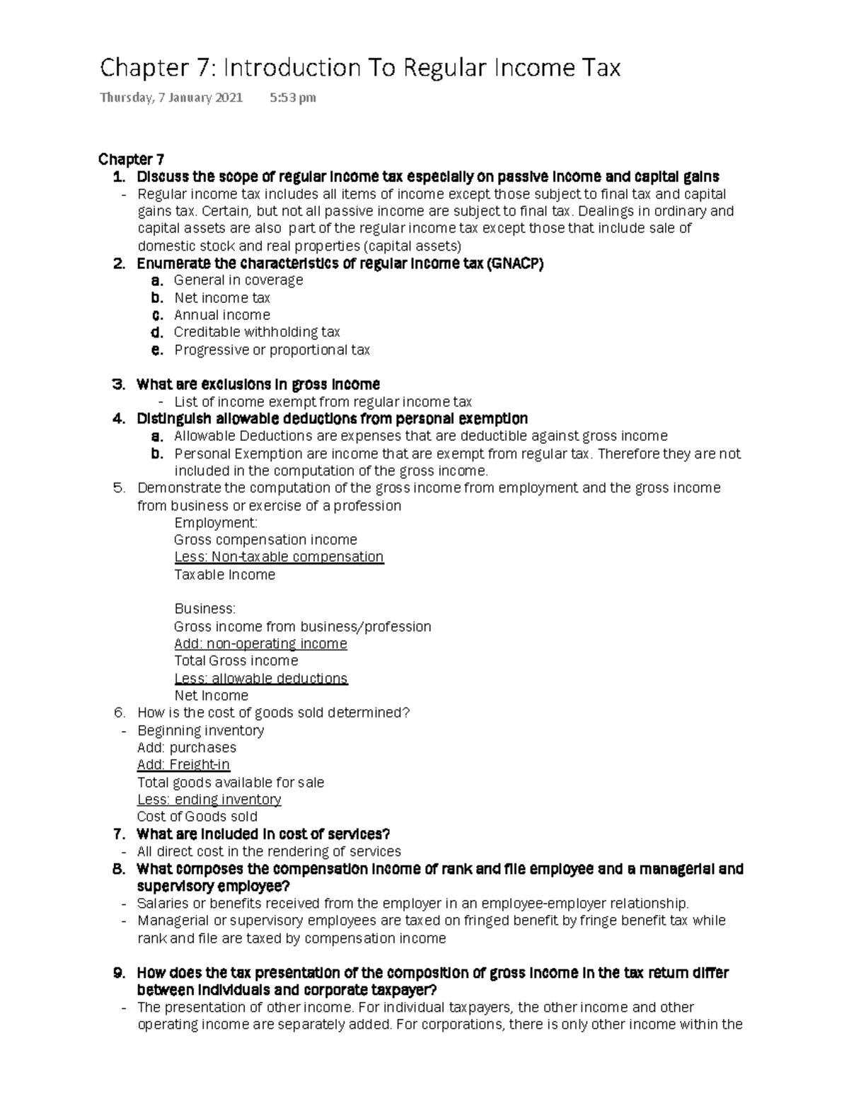 Intro to income tax notes - Chapter 7 1. Discuss the scope of regular ...