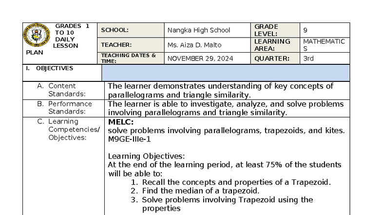 COT 3: Daily Lesson Objectives for Grade 9 Mathematics on Trapezoids ...