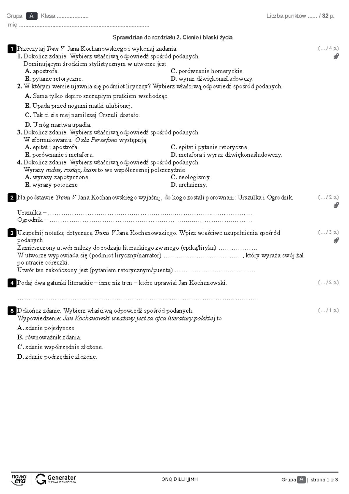 Sprawdzian do rozdziału 2. Cienie i blaski życia - Grupa A/B - Studocu