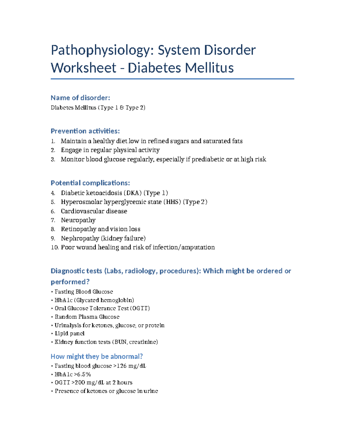 Diabetes Mellitus Pathophysiology Worksheet (Type 1 & Type 2) - Studocu