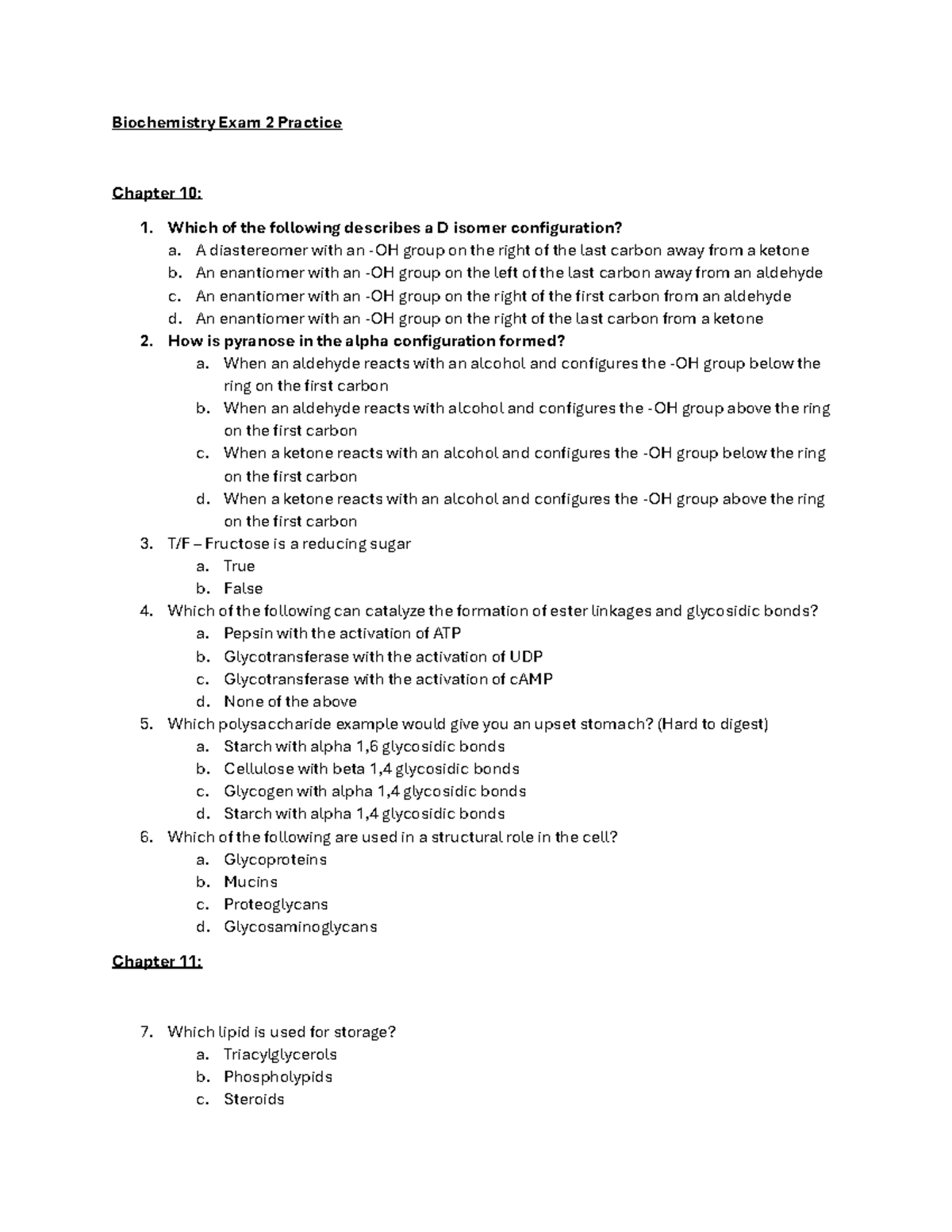 Biochem Exam 2 Practice - Biochemistry Exam 2 Practice Chapter 10: 1 ...