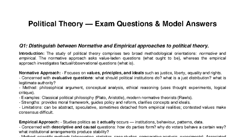 Political Theory Exam Answers: Normative vs. Empirical Approaches - Studocu
