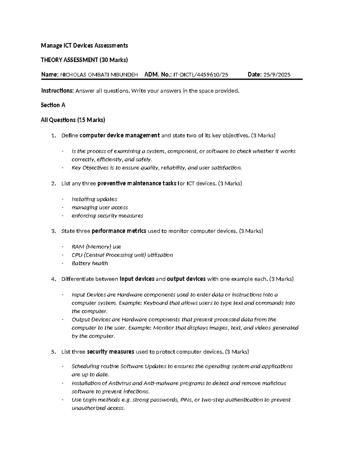 ICT Device Management Theory Assessment - Answers (30 Marks) - Studocu