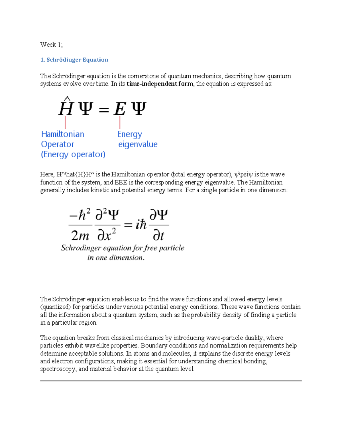 Week 1: Schrödinger Equation and Quantum Mechanics Concepts - Studocu