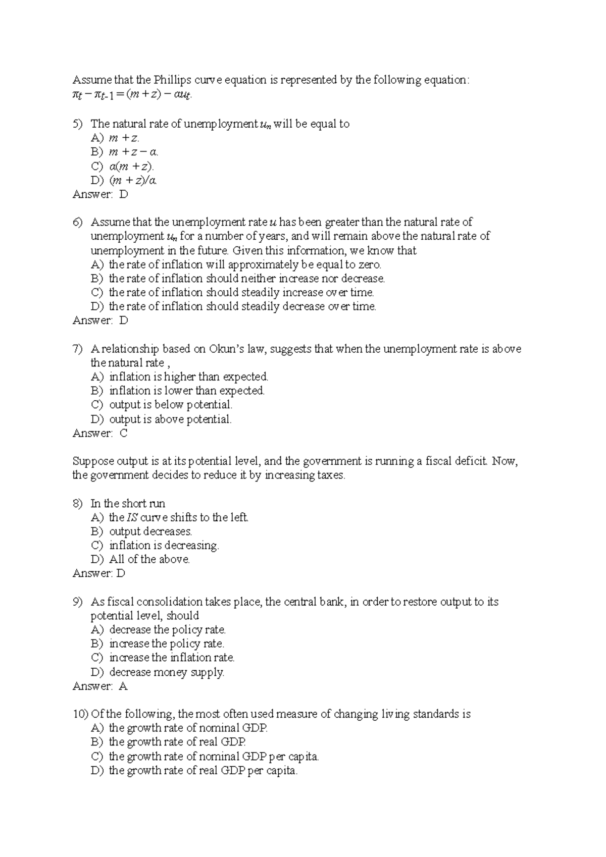 Questions and answers - Assume that the Phillips curve equation is ...