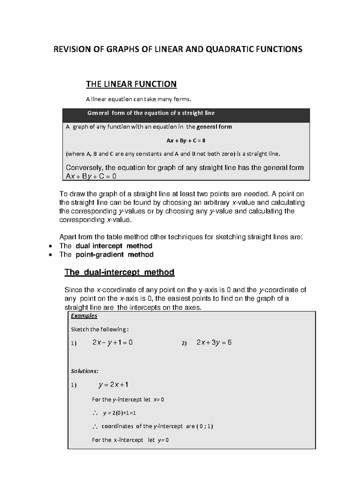Revision OF Graphs OF Linear AND Quadratic Functions - REVISION OF GRAPHS OF LINEAR AND ...