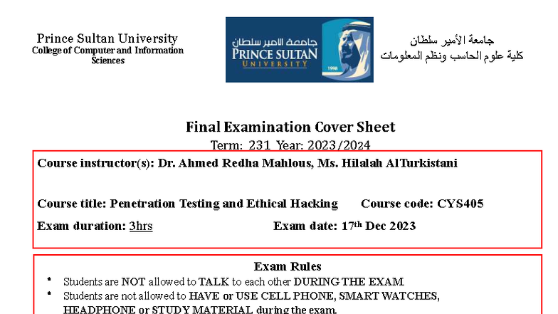 CYS405 Final Exam Cover Sheet - Penetration Testing & Ethical Hacking ...