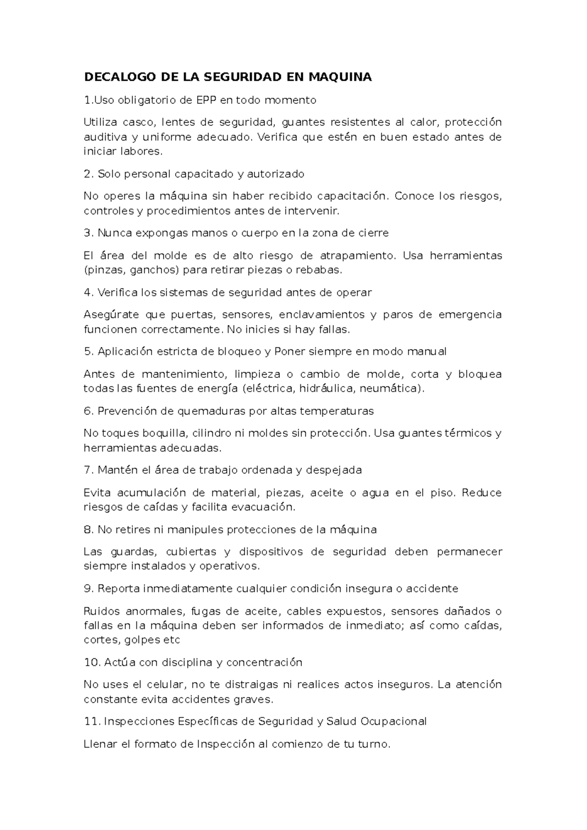 Decálogo de Seguridad en Maquina: Normas y Procedimientos Clave - Studocu