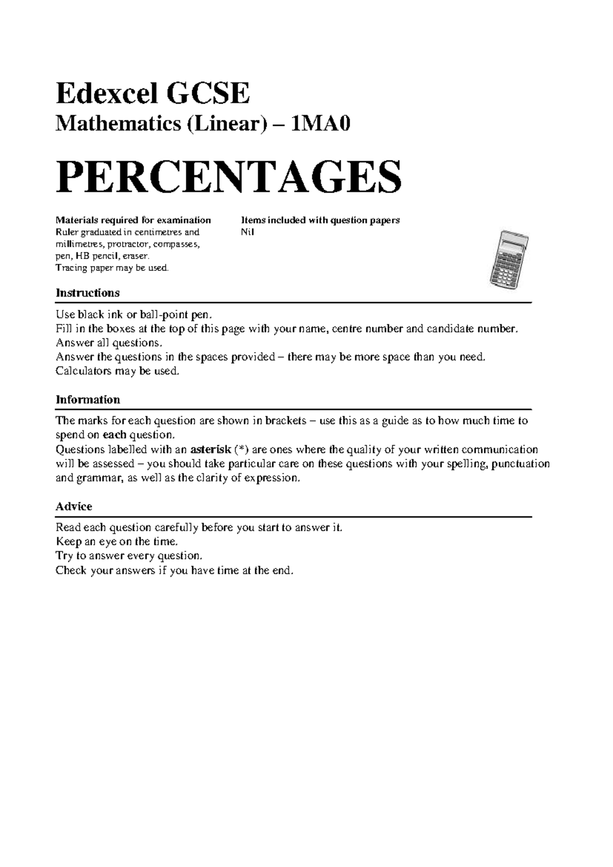 Edexcel GCSE Mathematics (Linear) 1MA0 Percentages Exam Guide - Studocu