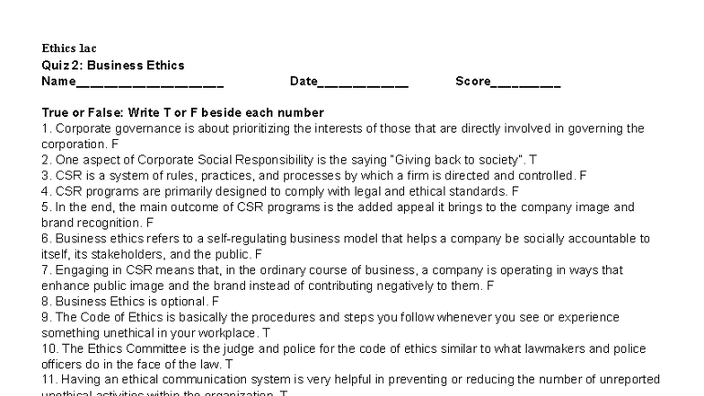 Ethics 1ac Quiz 2: True or False on Business Ethics Concepts - Studocu