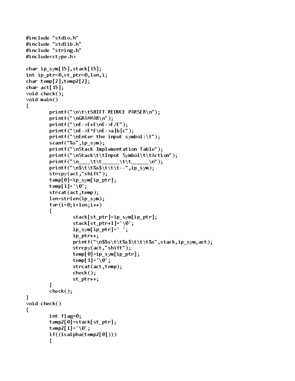 Shift reduce parser - #include "stdio" #include "stdlib" #include - Studocu