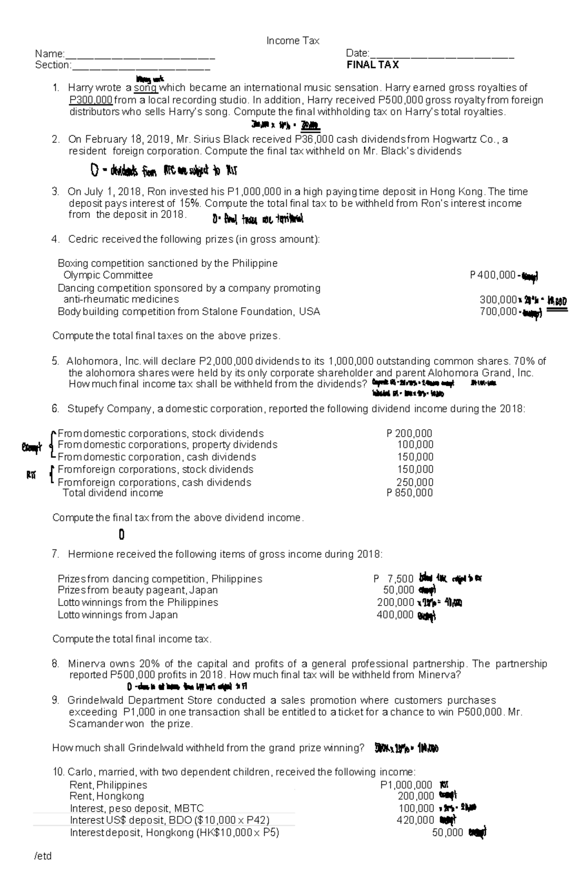 Final Tax Practice for Income Tax: Computation & Scenarios - Studocu
