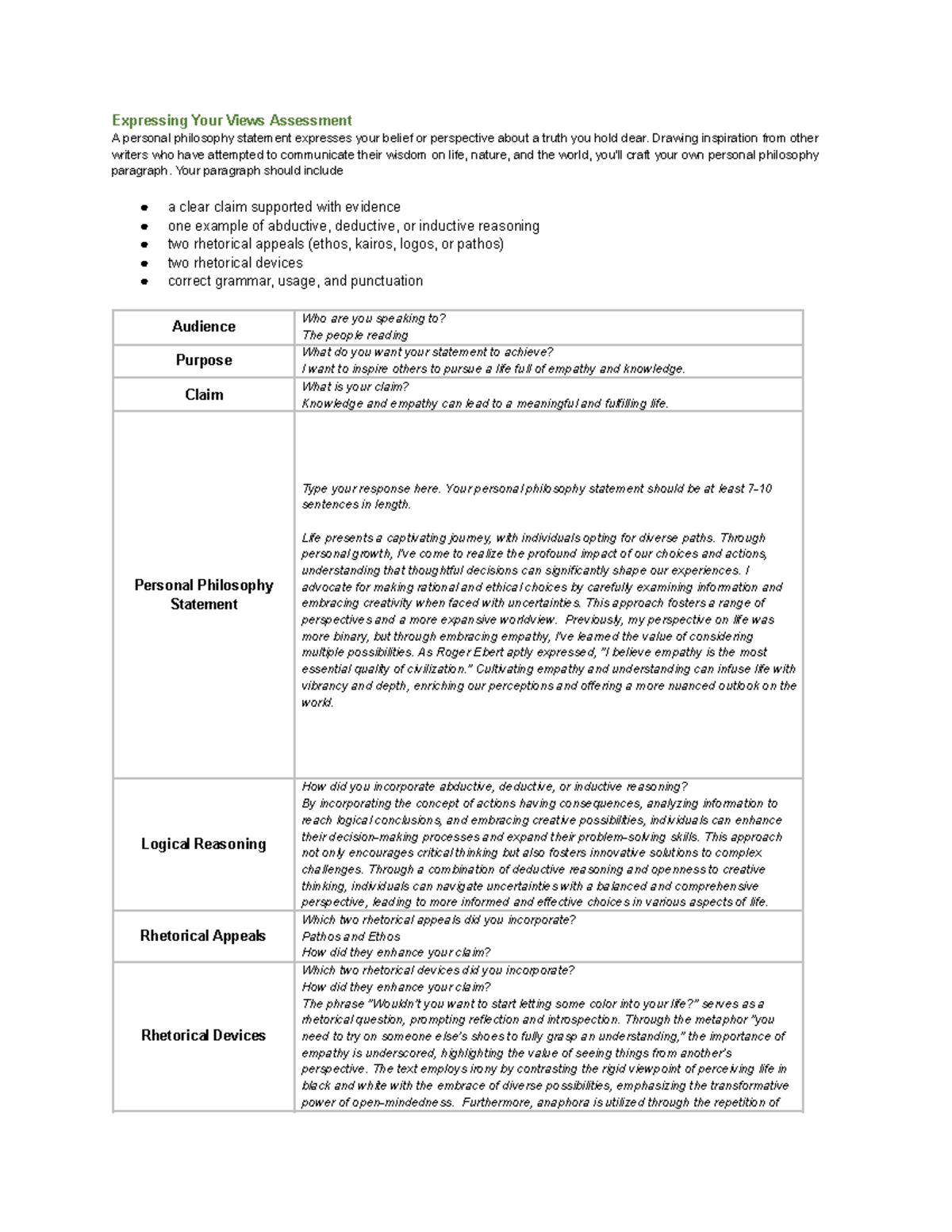 Expressing Your Views Assessment - English 3 Personal Philosophy - Studocu