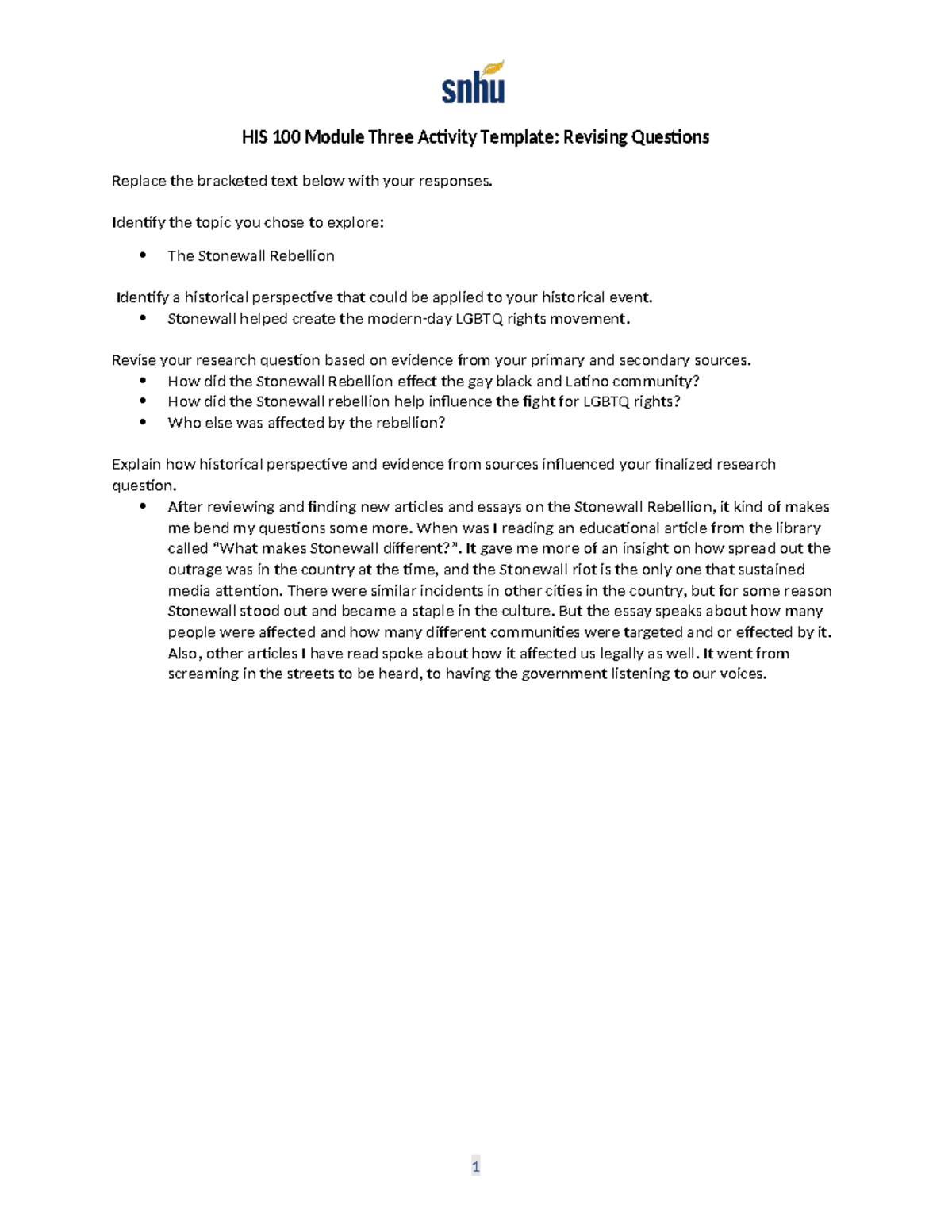 HIS 100 Module 3 Activity: Revising Questions on Stonewall Rebellion ...