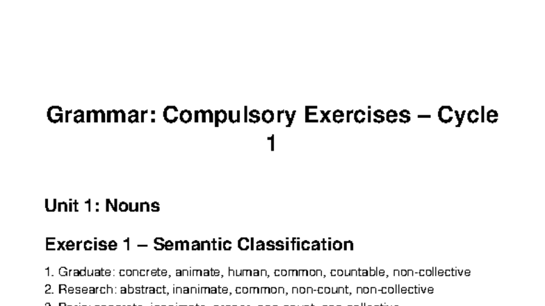 Grammar Exercises Answers: Cycle 1 Unit 1 Nouns & Verb Forms - Studocu